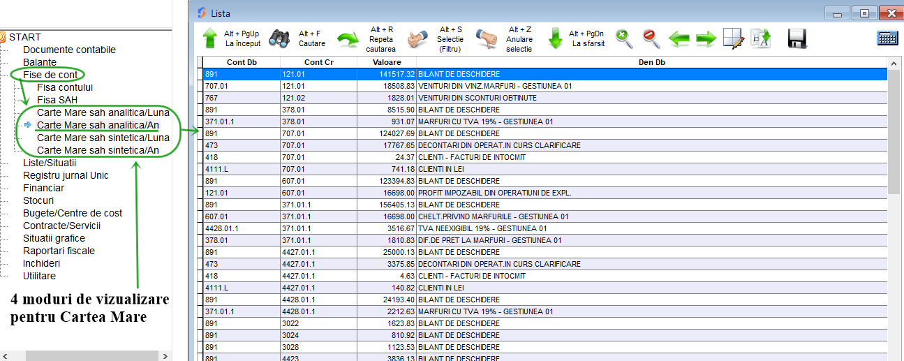 Fișa SAH, cartea mare, situații pe conturi corespondente - SoftPro