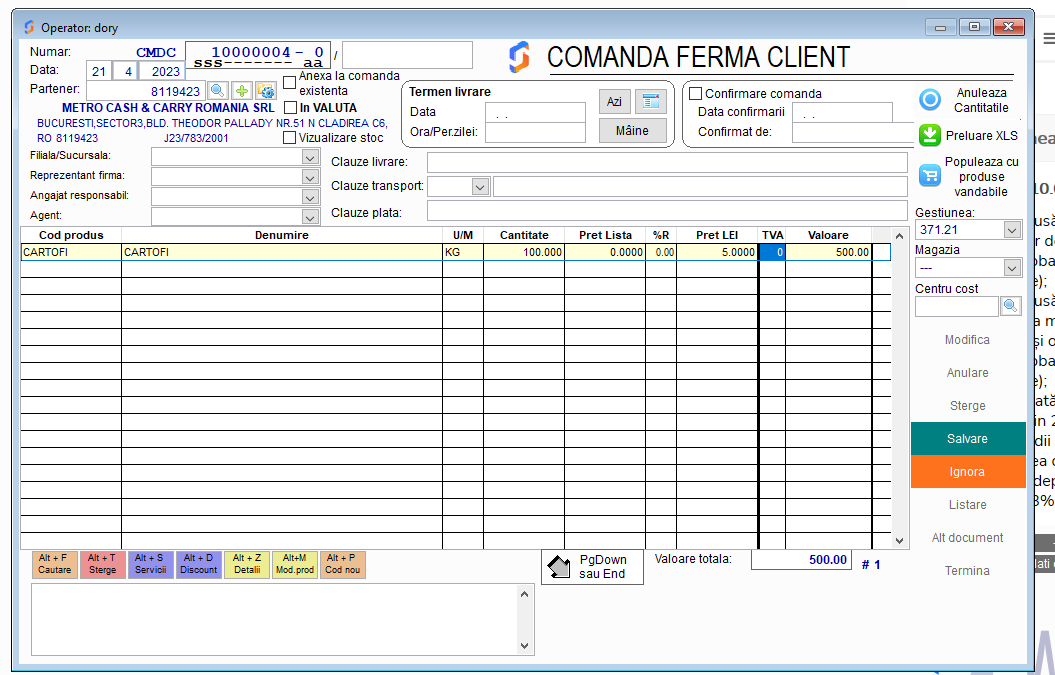 Operare comandă FURNIZORICLIENȚI - SoftPro
