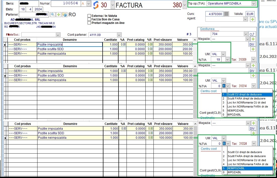 Emitere facturi combinate (regimuri și cote de TVA) - SoftPro